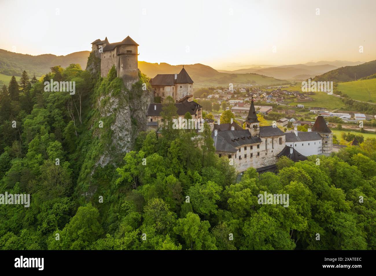 Medieval Oravsky Hrad castle at sunrise in Slovakia. Aerial view Stock ...