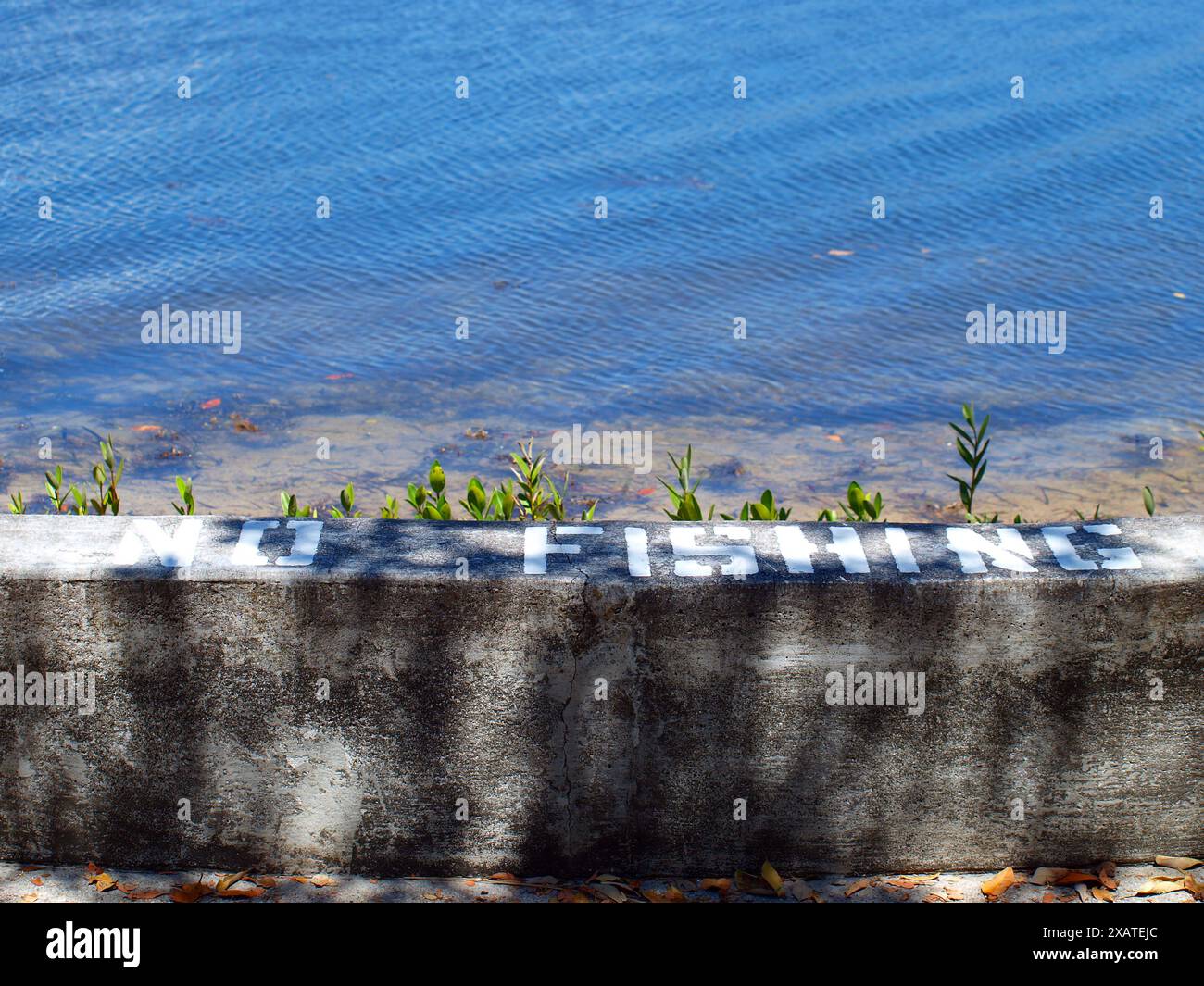 No fishing sign in the seawall of a marina. Matheson Hammock marina ...