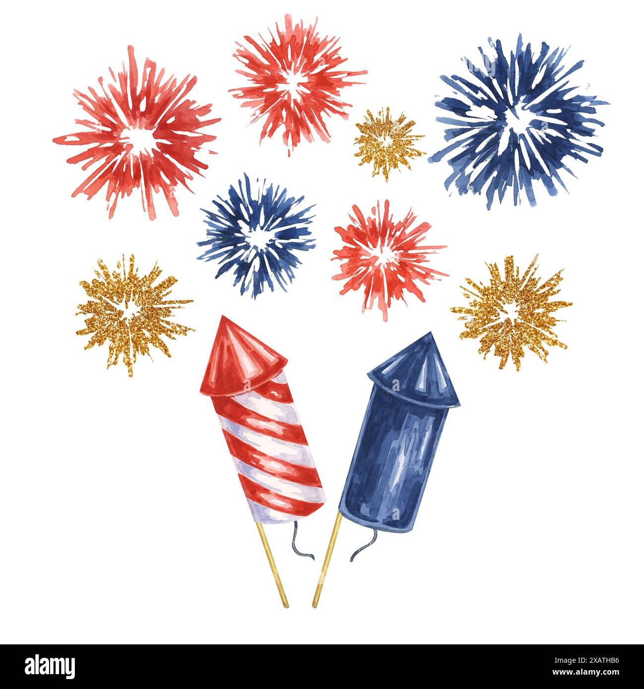 Fourth of July banner. Red, Blue firecrackers and fireworks bursts ...