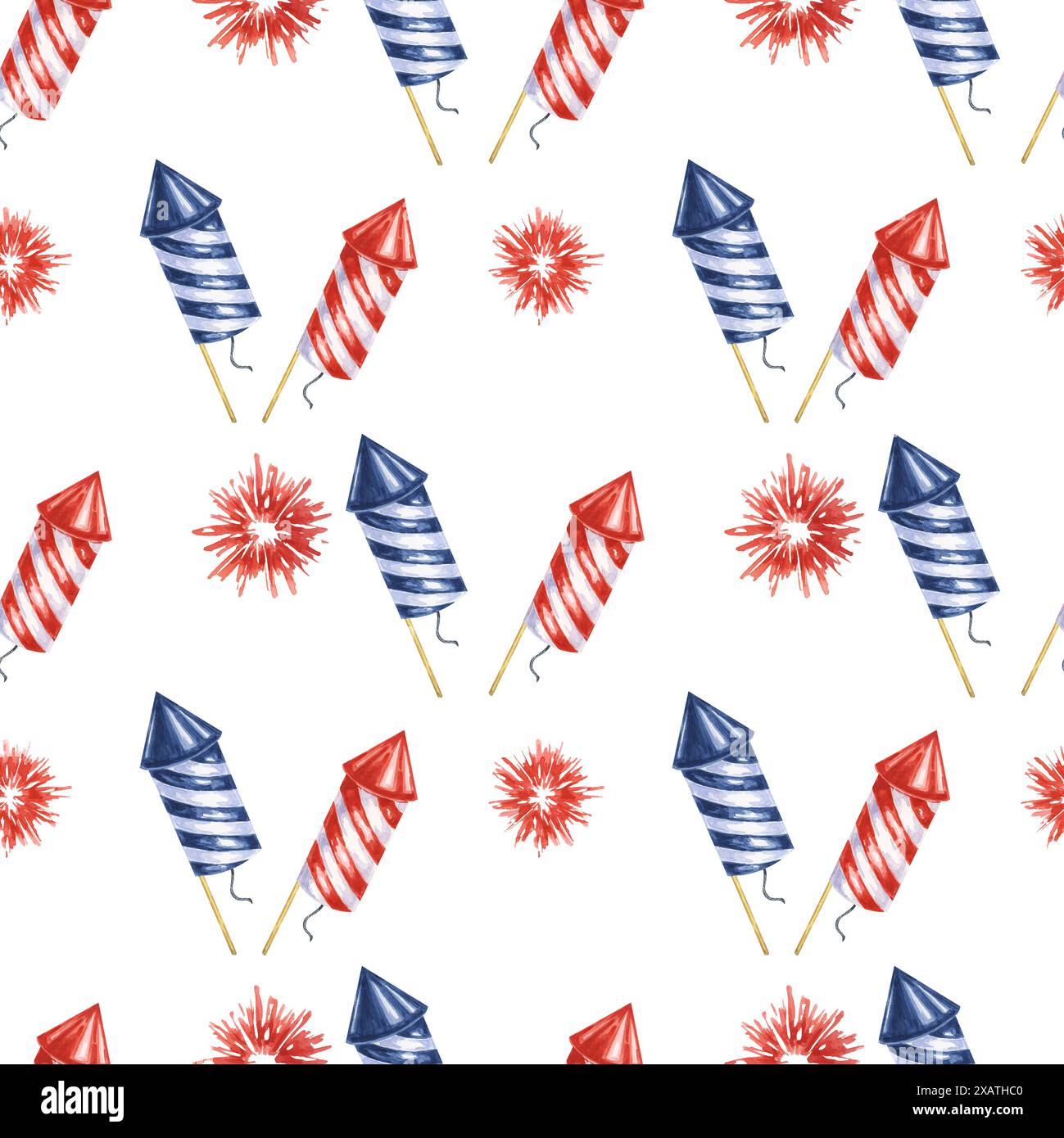 Fourth of July seamless pattern. Red, Blue firecrackers and fireworks ...