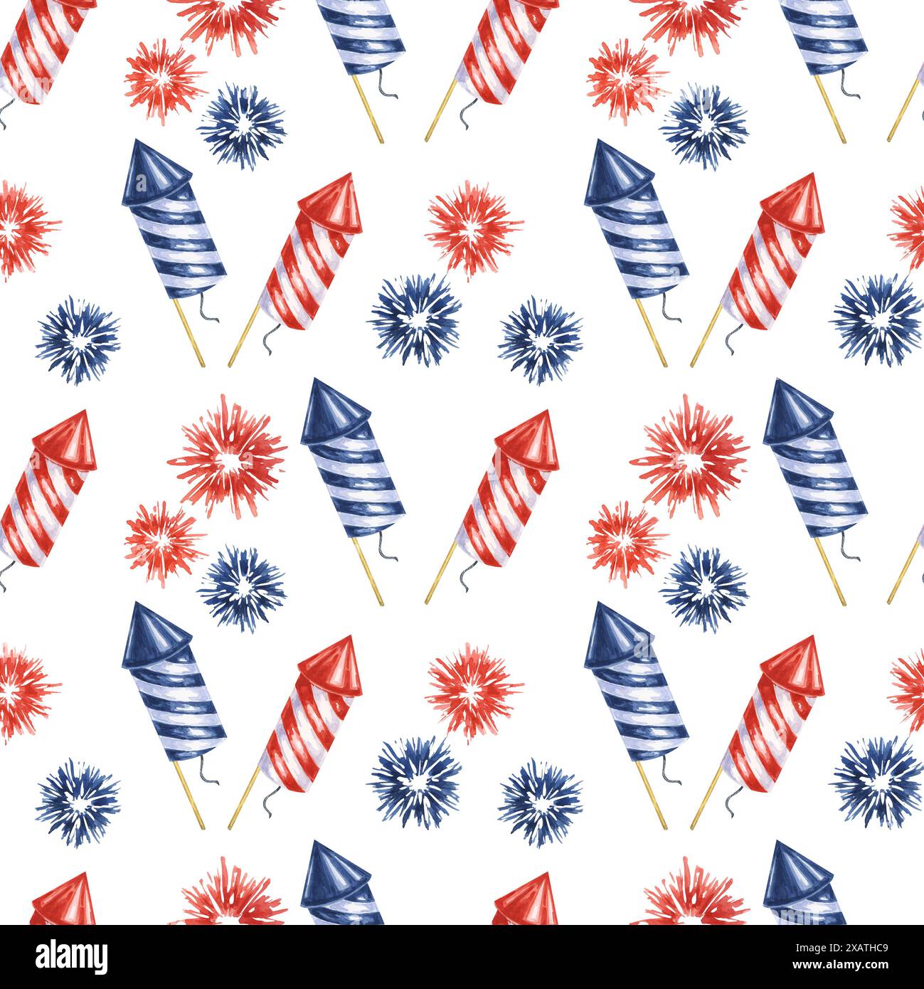 Fourth of July seamless pattern. Red, Blue firecrackers and fireworks ...