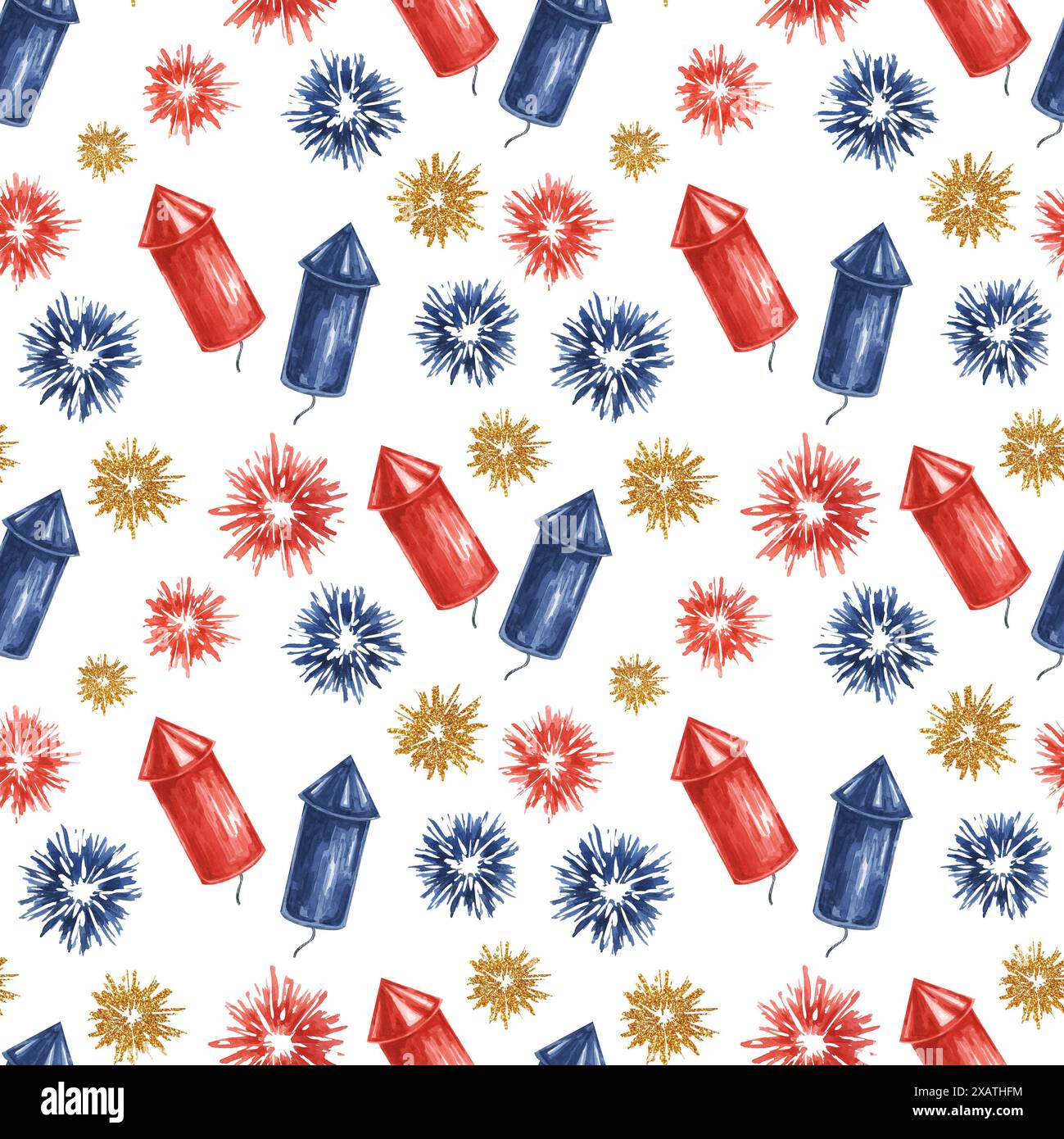 Fourth of July seamless pattern. Red, Blue firecrackers and fireworks ...