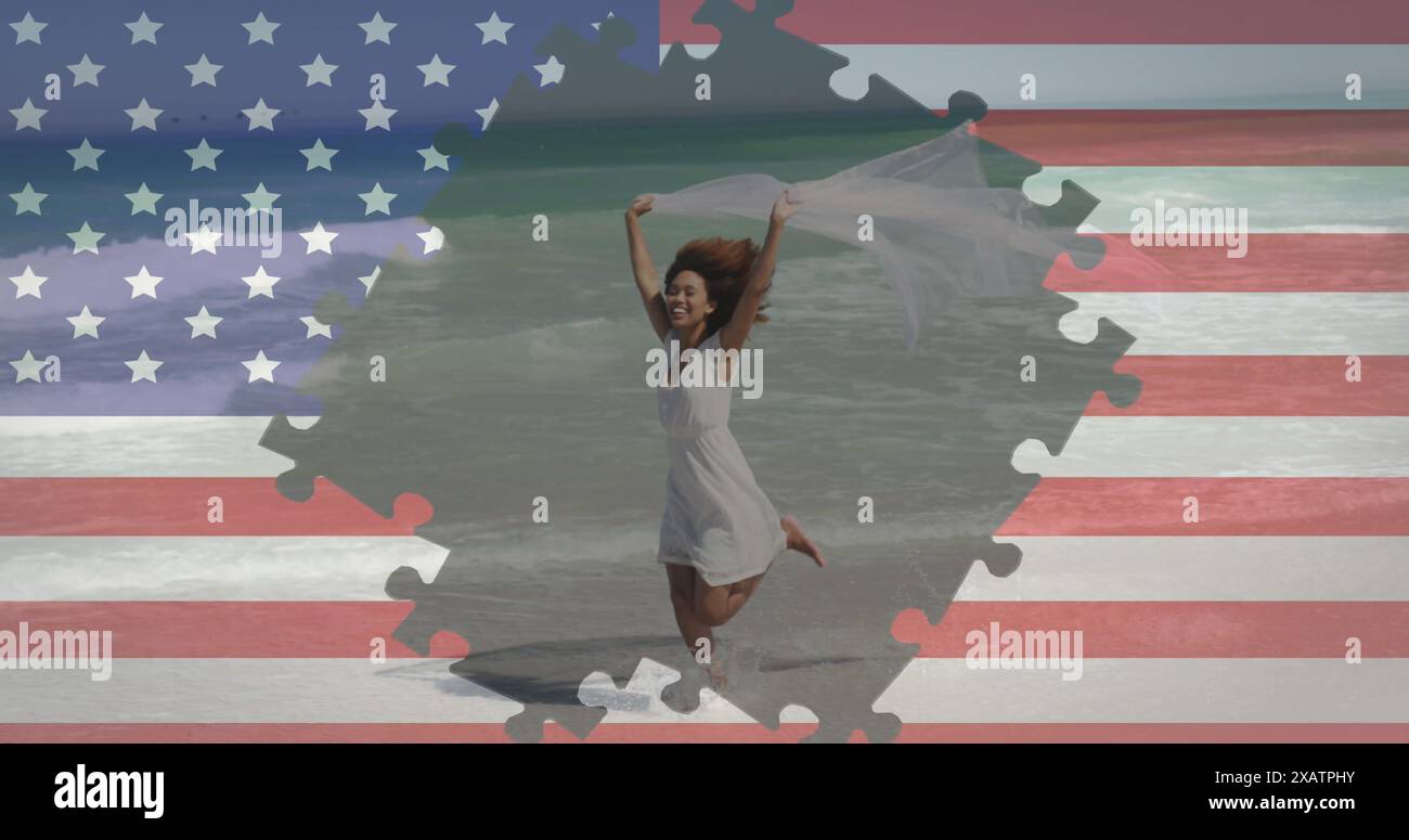 Image of fireworks and american flag jigsaw puzzles revealing woman ...