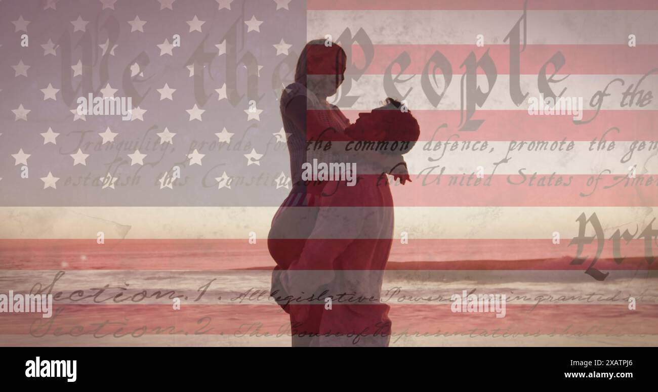 Constitution text over american flag against couple embracing each ...