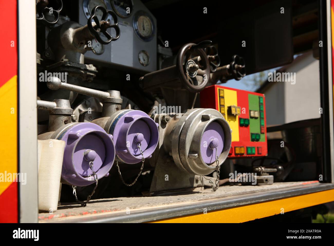 View of details inside modern fire truck Stock Photo - Alamy