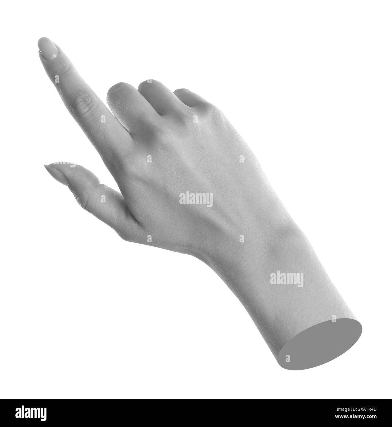 Woman's hand pointing at something on white background. Black and white ...