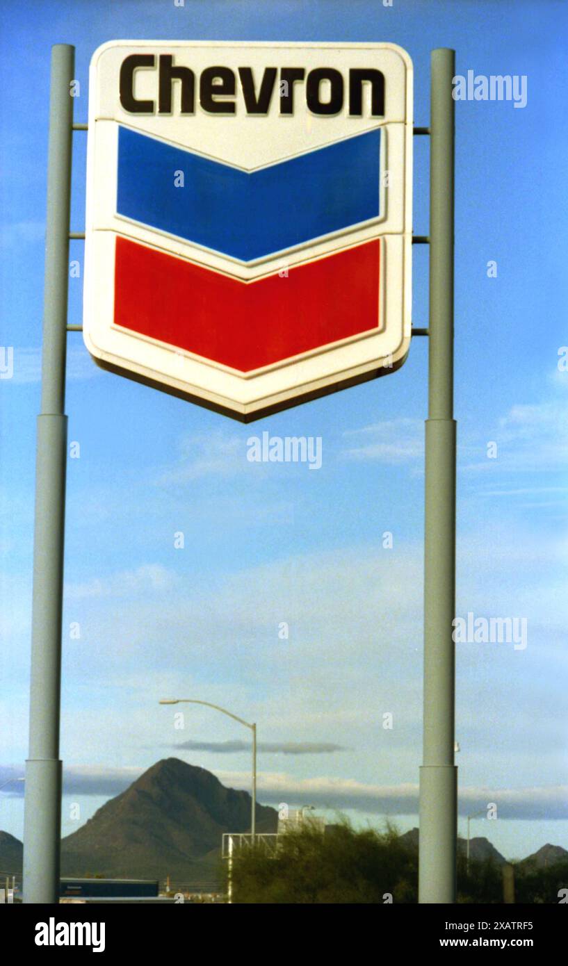 Pylon sign of a Chevron gas station in Arizona, U.S.A., approx. 1992 ...