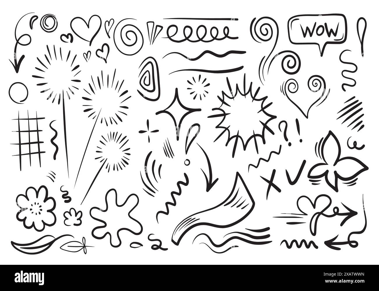 Hand drawn set elements, black on white background. Arrow, heart, love ...