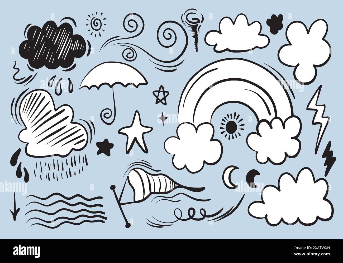 Weather Doodle Vector Set isolated on a white background. hand drawn ...