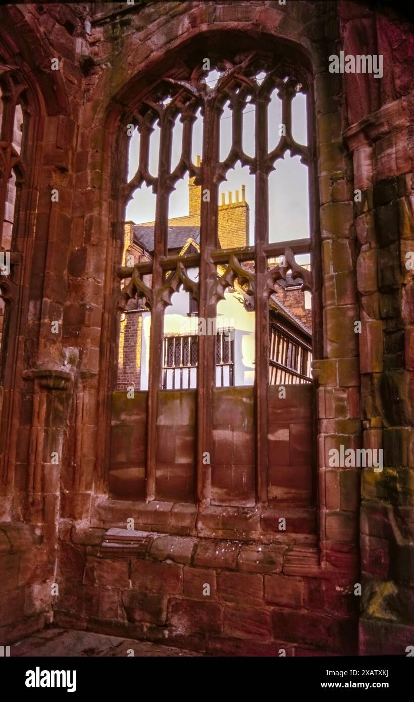 Window in the ruins of St Michael's gothic cathedral in Coventry Stock ...
