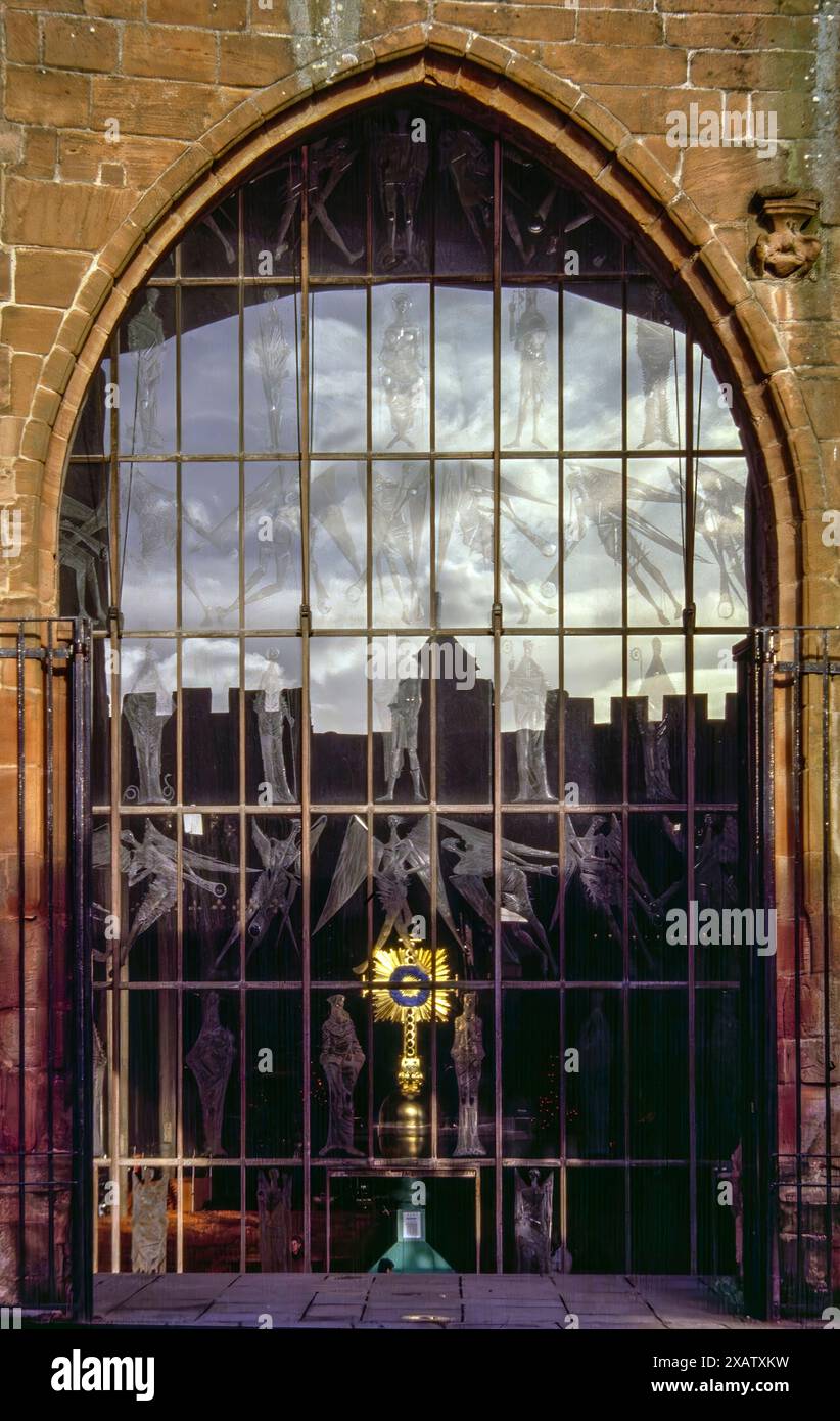 Window in the ruins of St Michael's gothic cathedral in Coventry, with ...