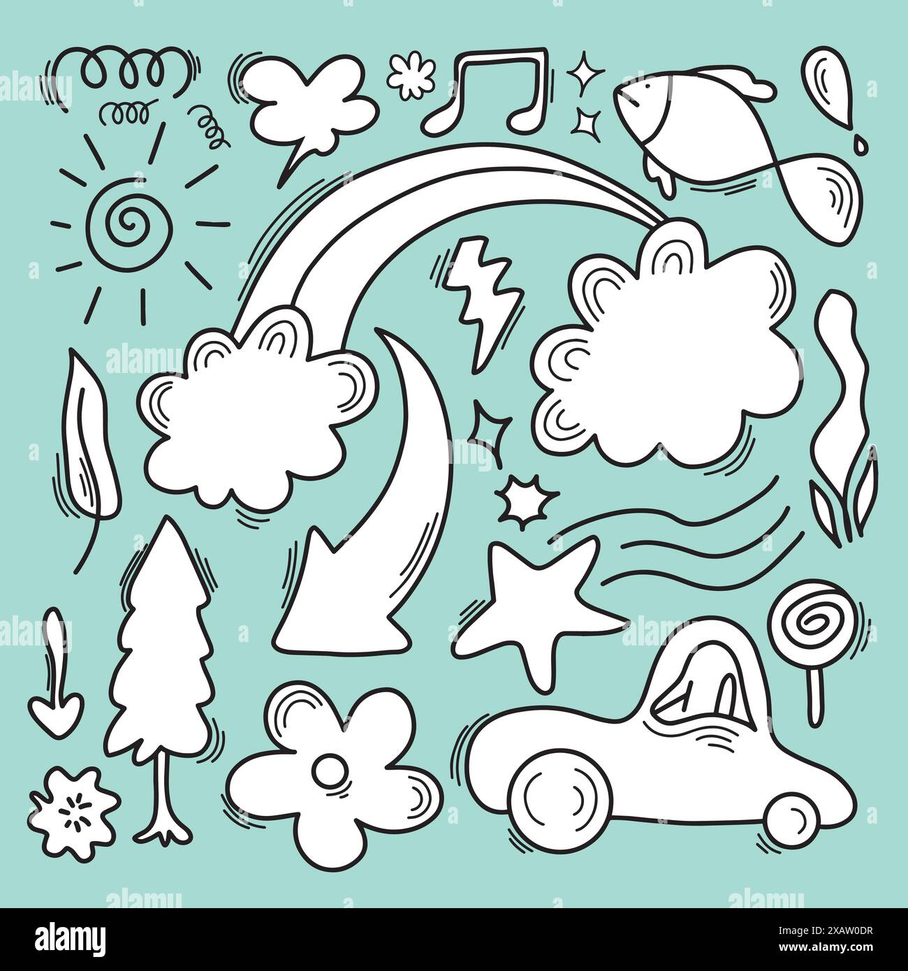 hand drawn doodle vector set.Various icons such as clouds, car, stars ...