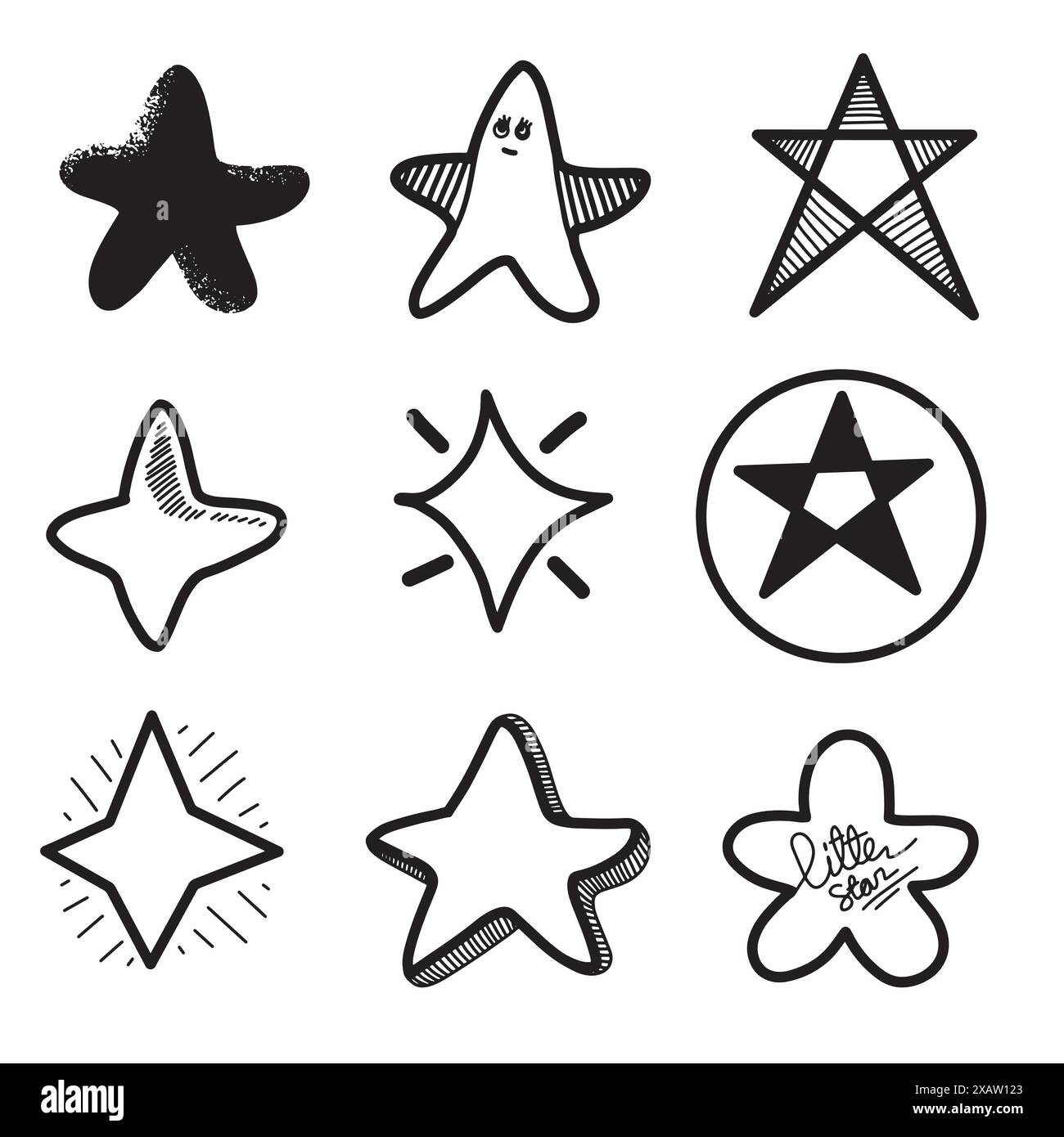 Hand drawn stars set. Star doodles collection on white background Stock ...