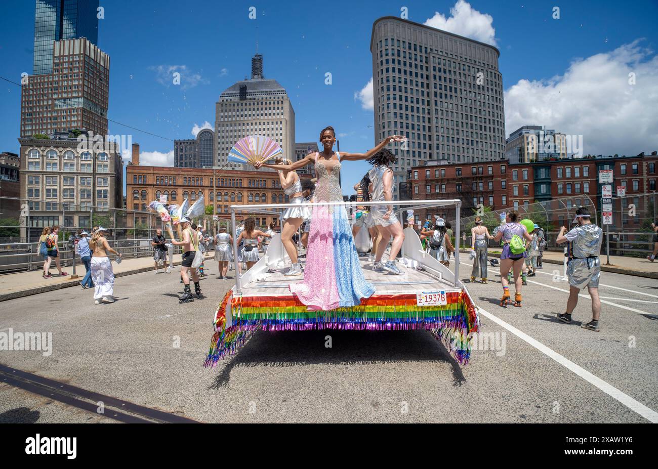 Boston, Massachusetts, USA June 8, 2024. Drag queen on a float in the Boston Gay Pride parade ...