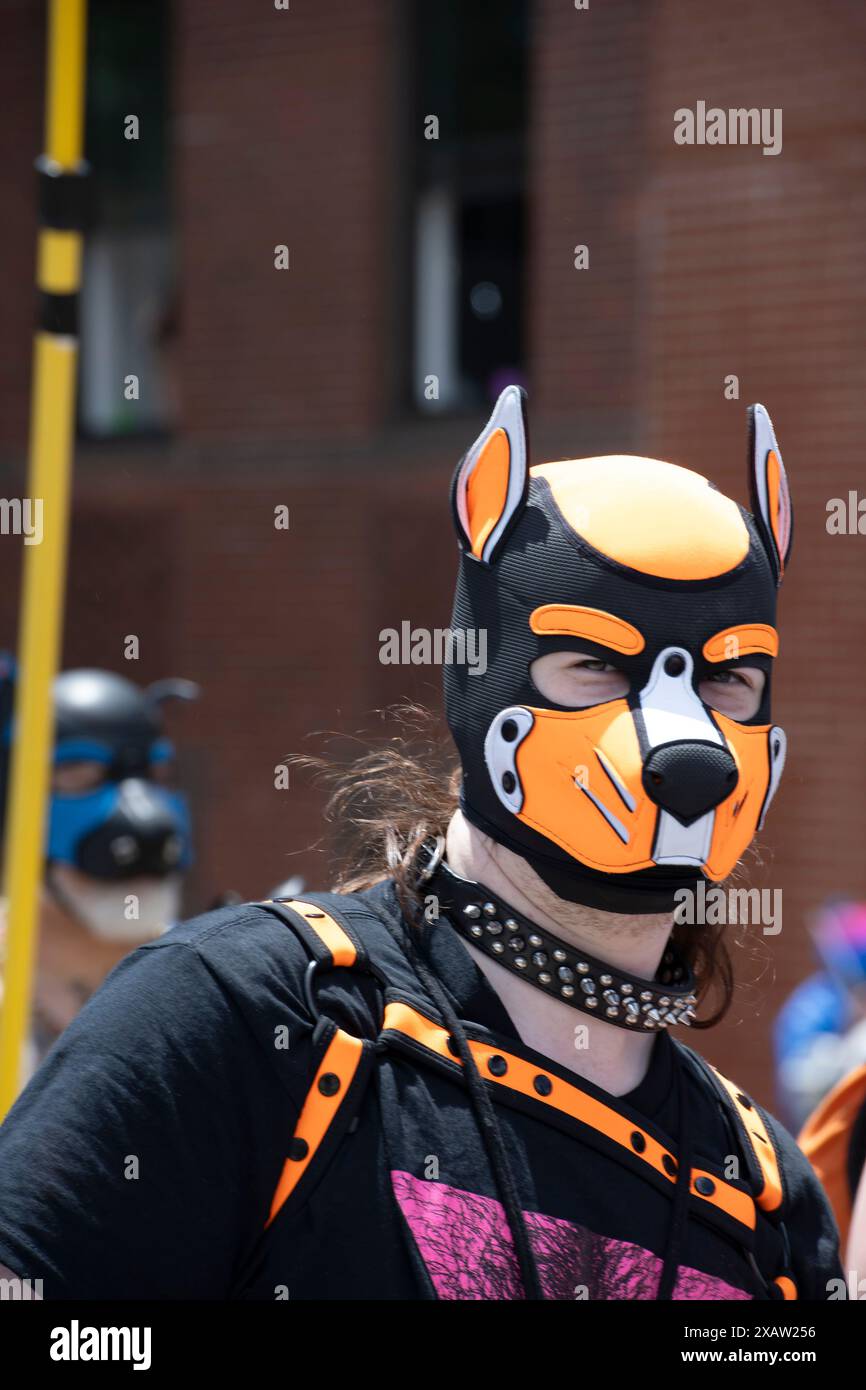 Boston, Massachusetts, USA June 8, 2024. Men dressed as dogs in the ...