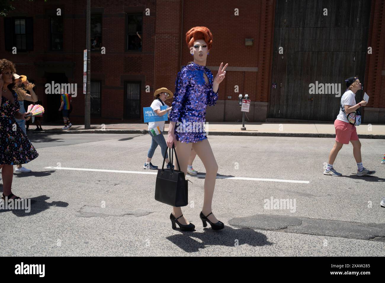 Boston, Massachusetts, USA June 8, 2024. A drag queen marching in the ...
