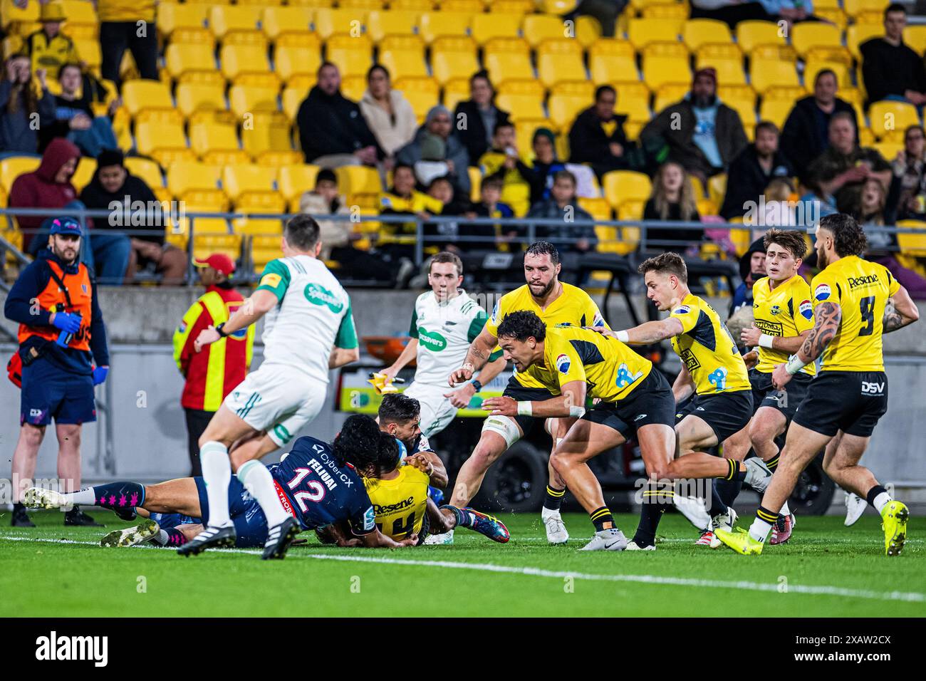 Wellington, New Zealand, 8 June, 2024. Josh Moorby of the Hurricanes is ...