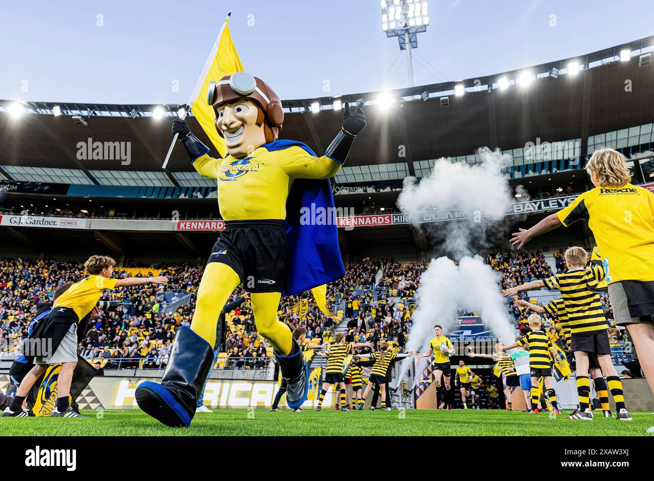 WELLINGTON, NEW ZEALAND - JUNE 08: Hurricanes' mascot Captain Hurricane ...