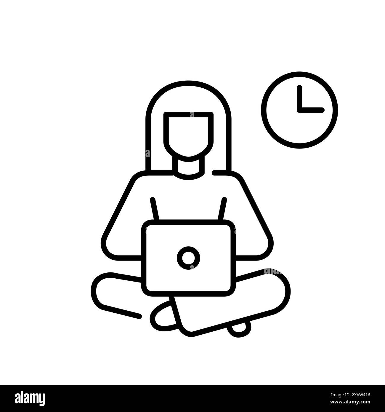 Young woman working or studying at laptop, clock symbol. Time ...