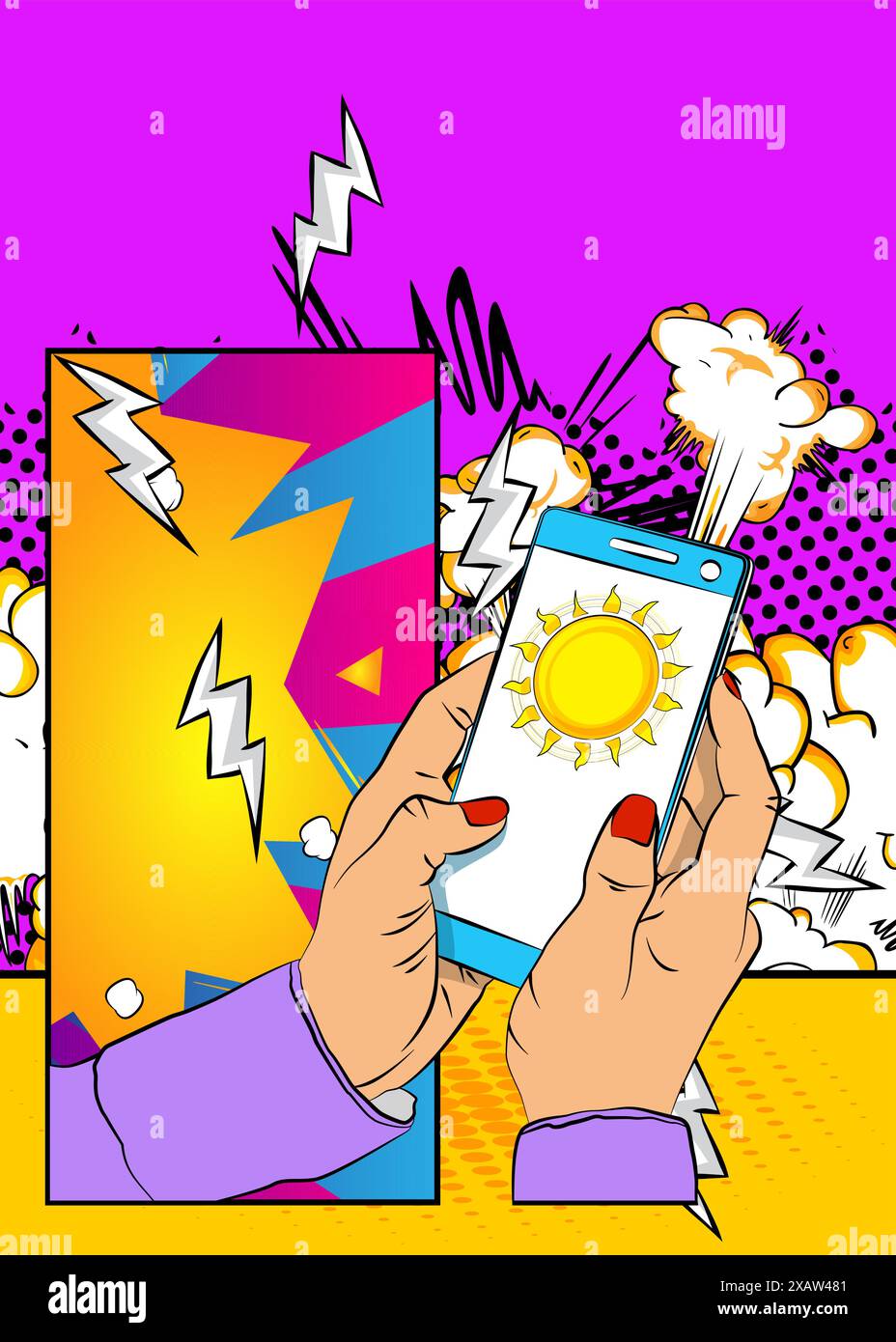 Cartoon Smartphone, comic book Telephone with Summer Sun. Retro vector ...