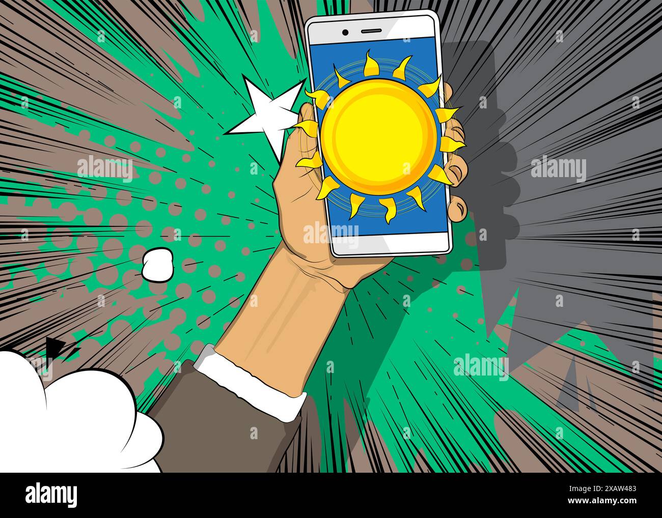 Cartoon Smartphone, comic book Telephone with Summer Sun. Retro vector ...