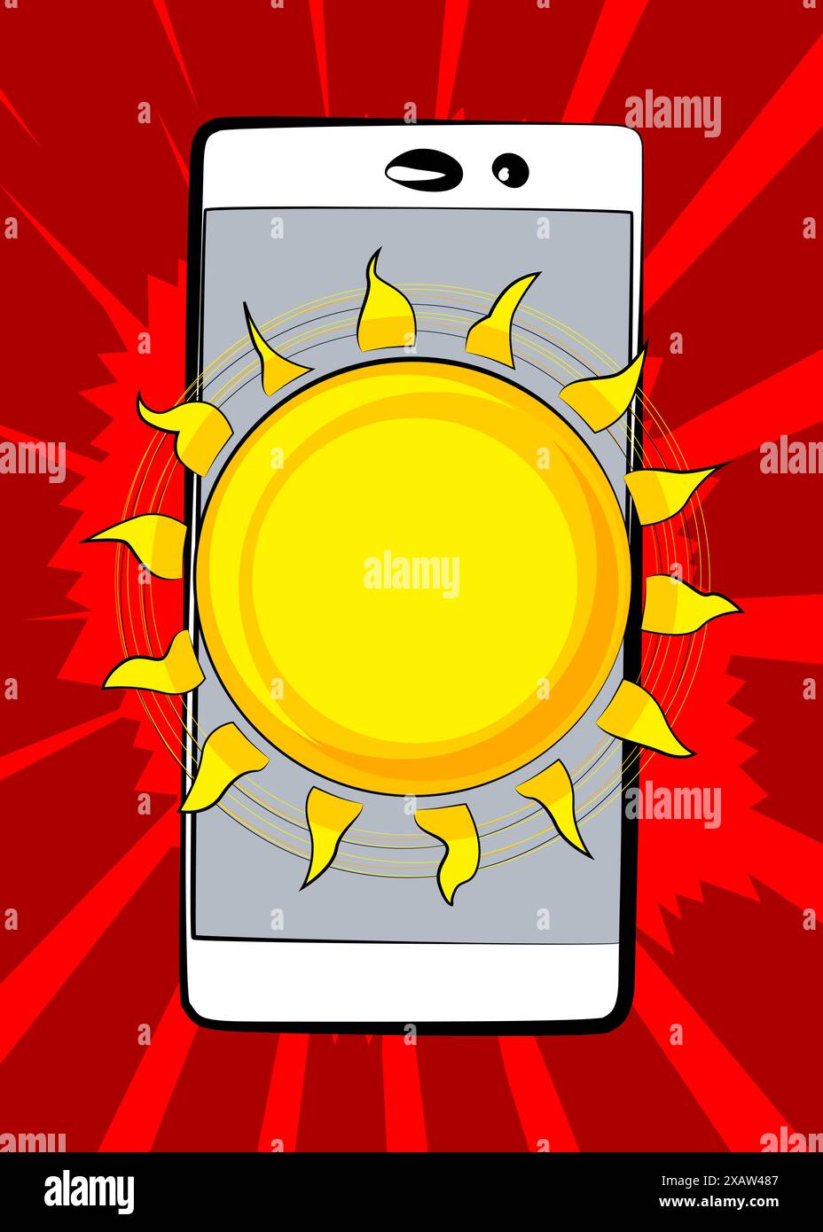 Cartoon Smartphone, comic book Telephone with Summer Sun. Retro vector ...