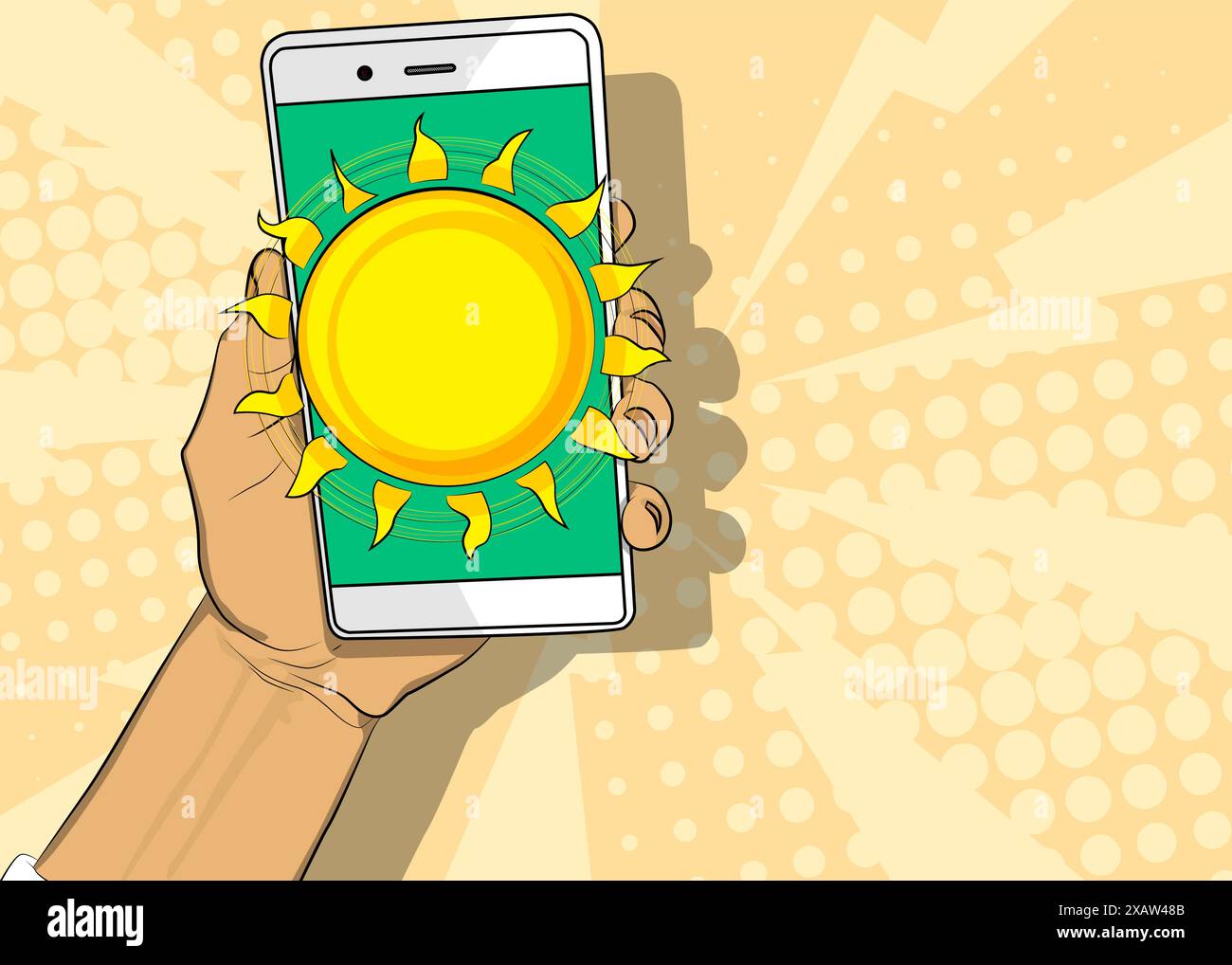Cartoon Smartphone, comic book Telephone with Summer Sun. Retro vector ...