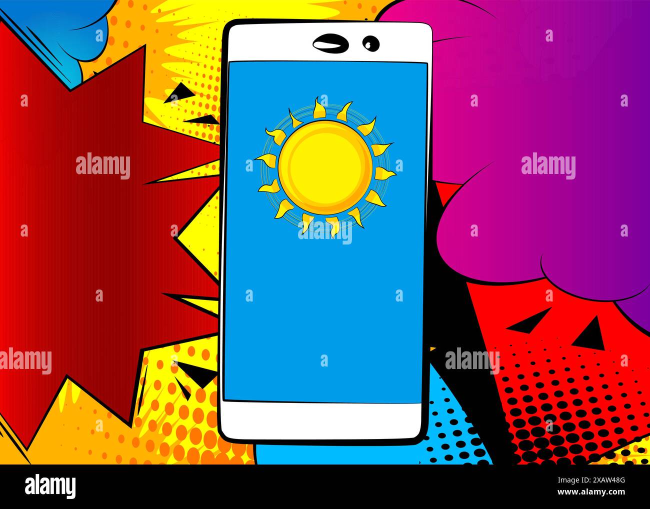 Cartoon Smartphone, comic book Telephone with Summer Sun. Retro vector ...