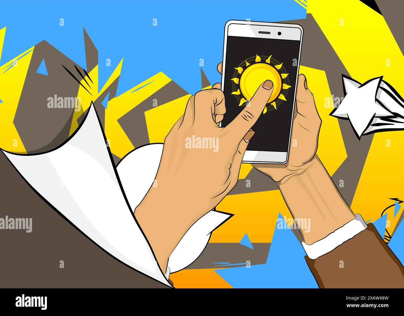 Cartoon Smartphone, comic book Telephone with Summer Sun. Retro vector ...