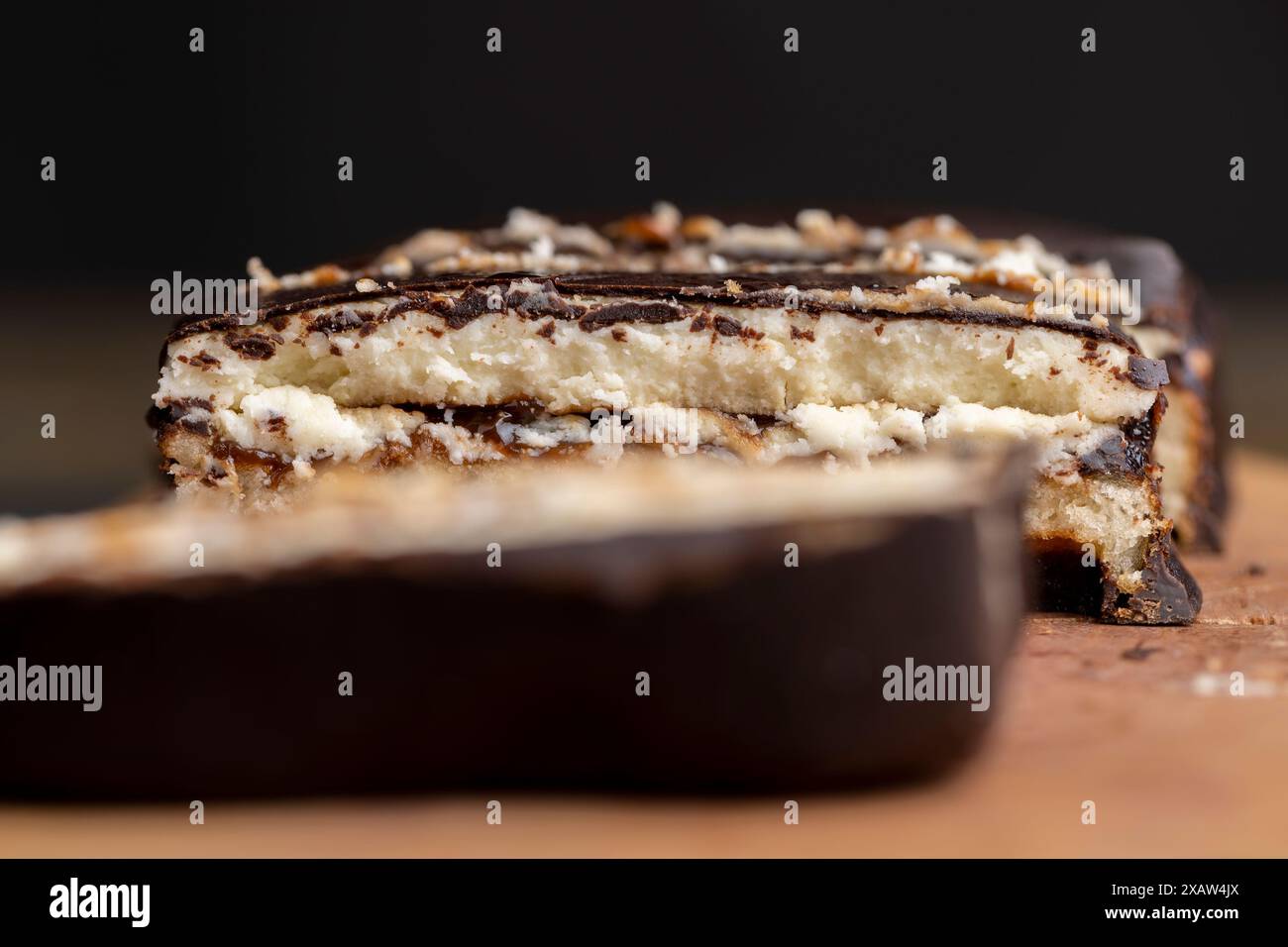 cottage cheese cake with cherry in chocolate, sweet dessert with cherry ...