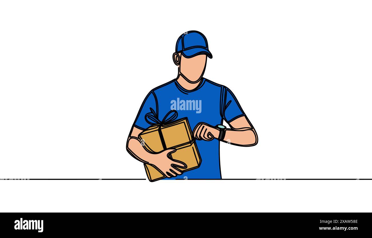 One line drawing of young delivery man looks at his watch. Delivery ...