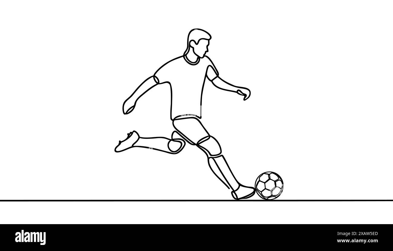 Continuous line drawing a football player kicks the ball. Soccer ...