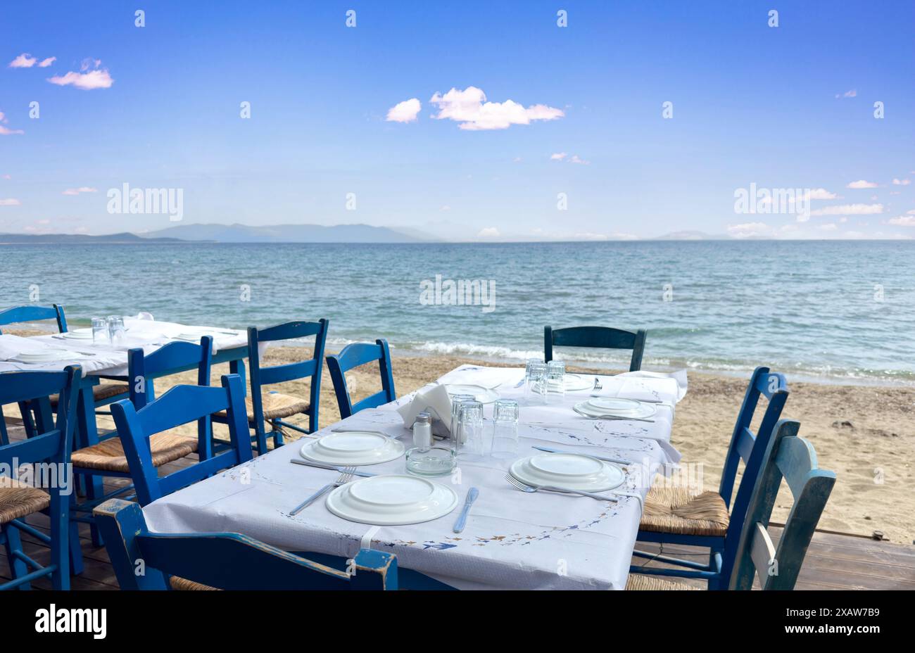 Open-air traditional seaside taverna in Greece. Tavern restaurant ...