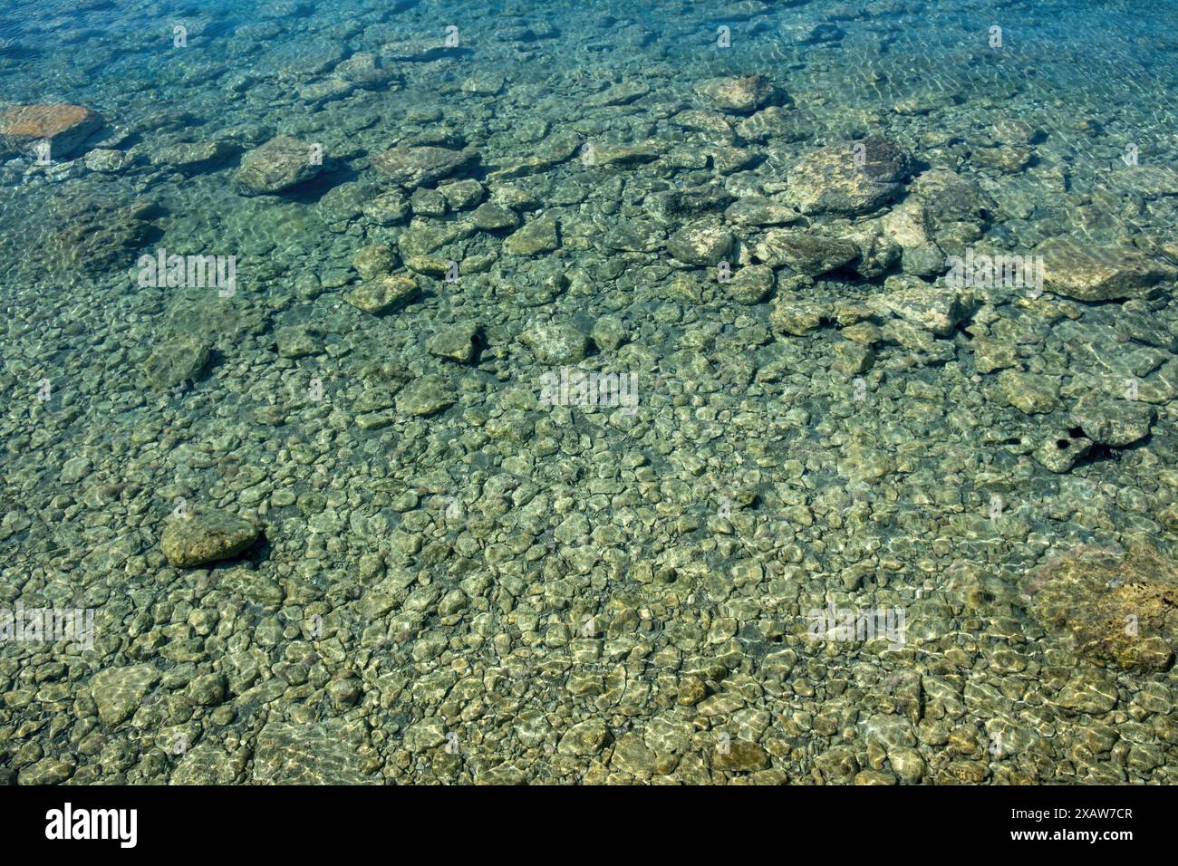 Clear crystal shallow blue sea water and rocky seabed background ...