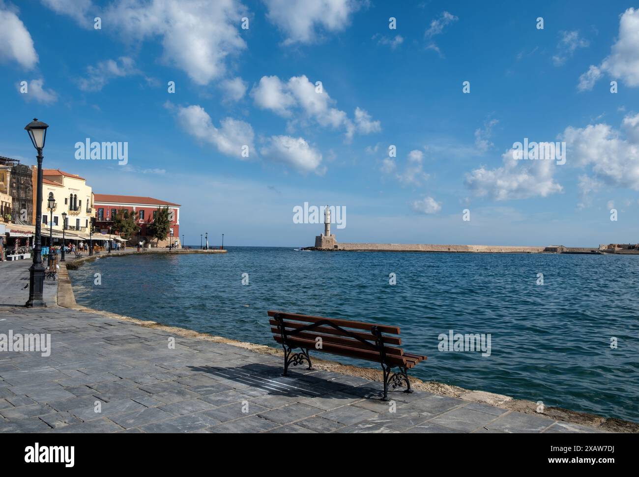 Greece, Chania Town Crete. View of outdoors cafe, Firkas Fortress and ...