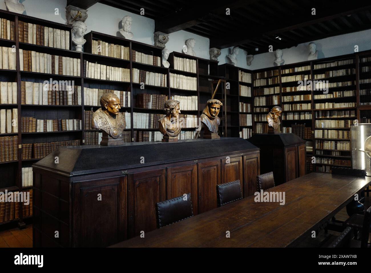 Library with busts at the Plantin-Moretus museum in Antwerp Stock Photo ...
