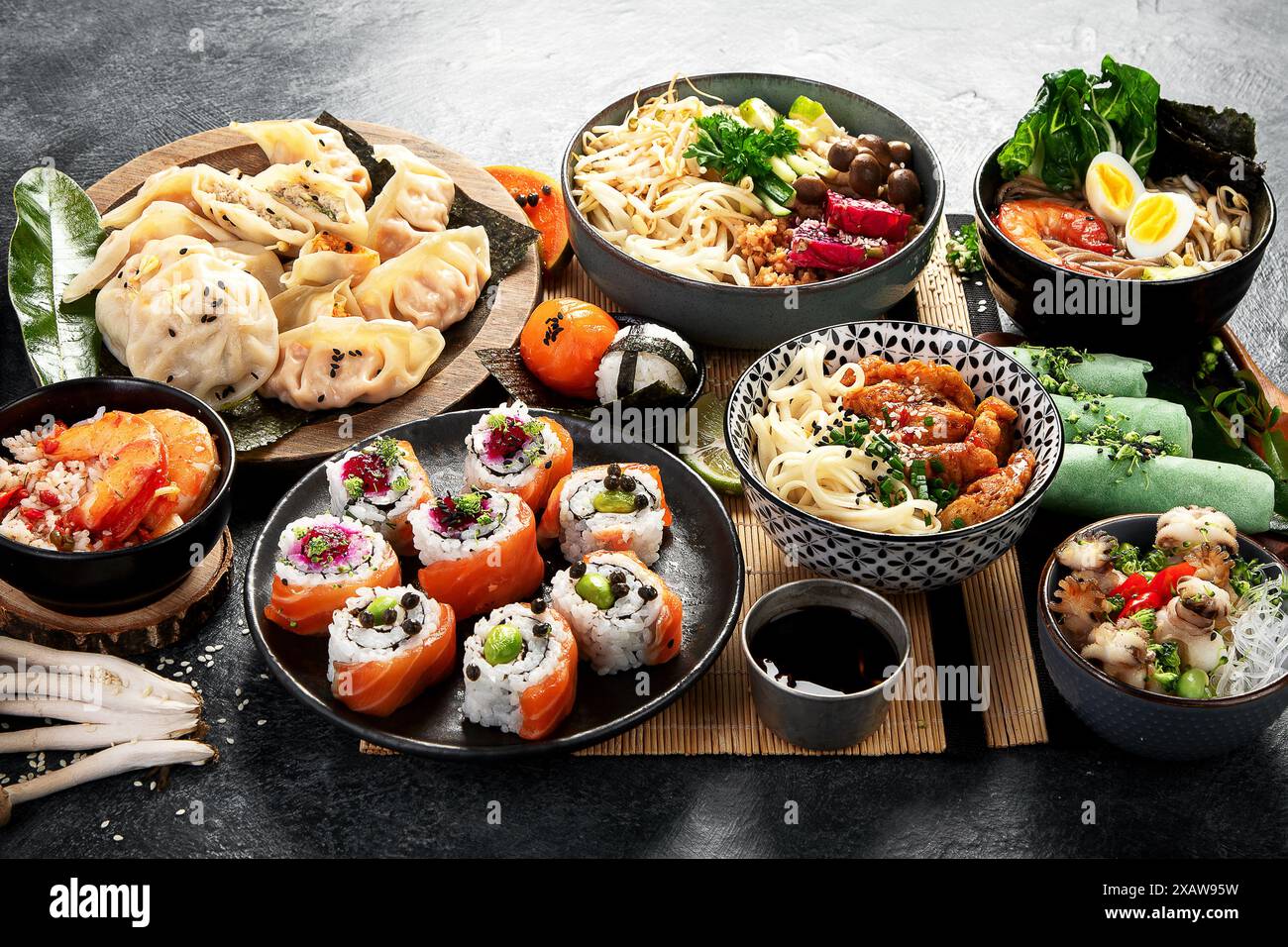 Assorted Chinese food set. Chinese noodles, fried rice, dumplings, dim ...