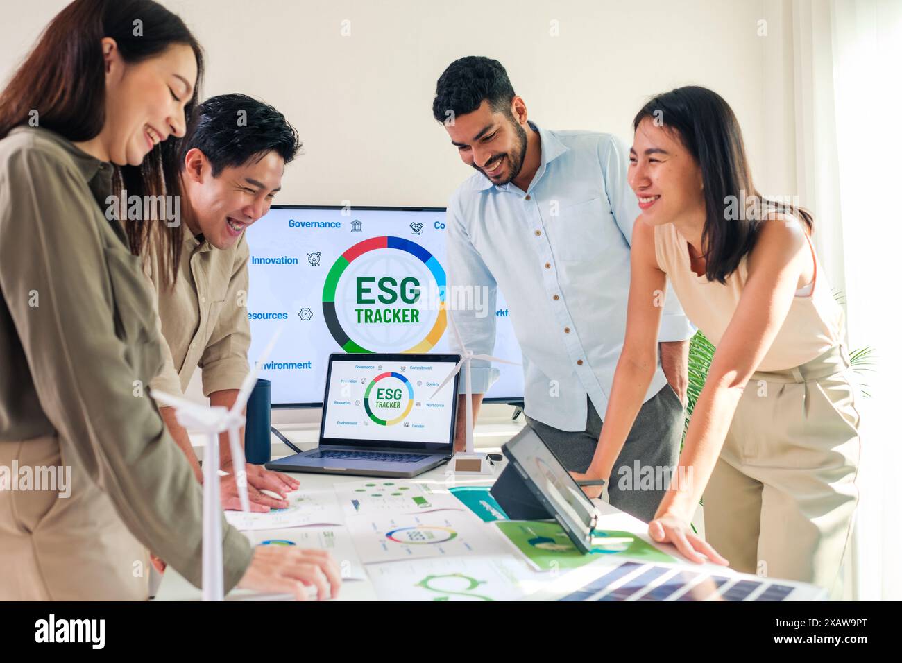 diversity team brainstorming focused on ESG (environment,social,governance) for sdgs goals in a ...