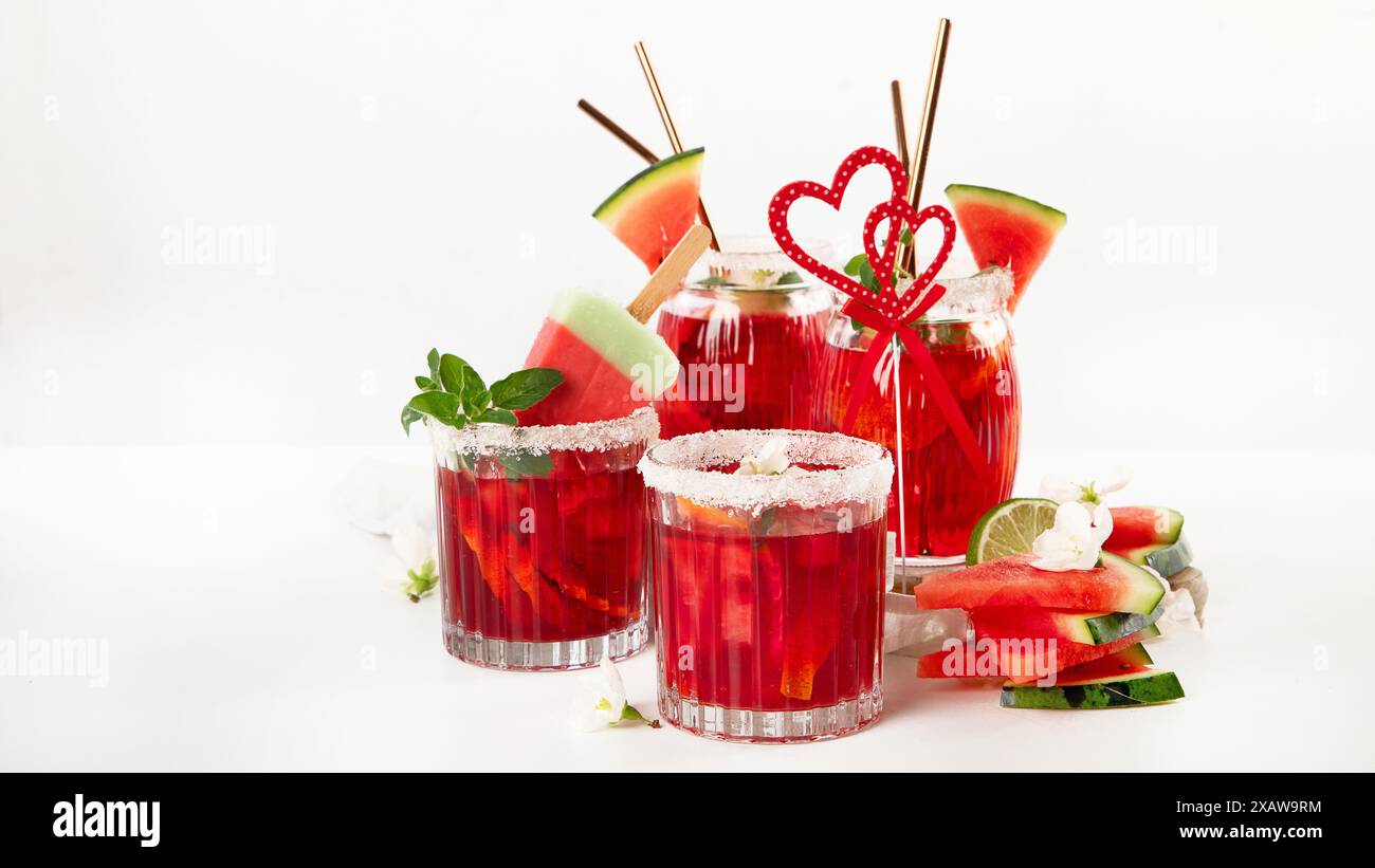 Cold watermelon smoothie. Summer watermelon drink and slices of ...