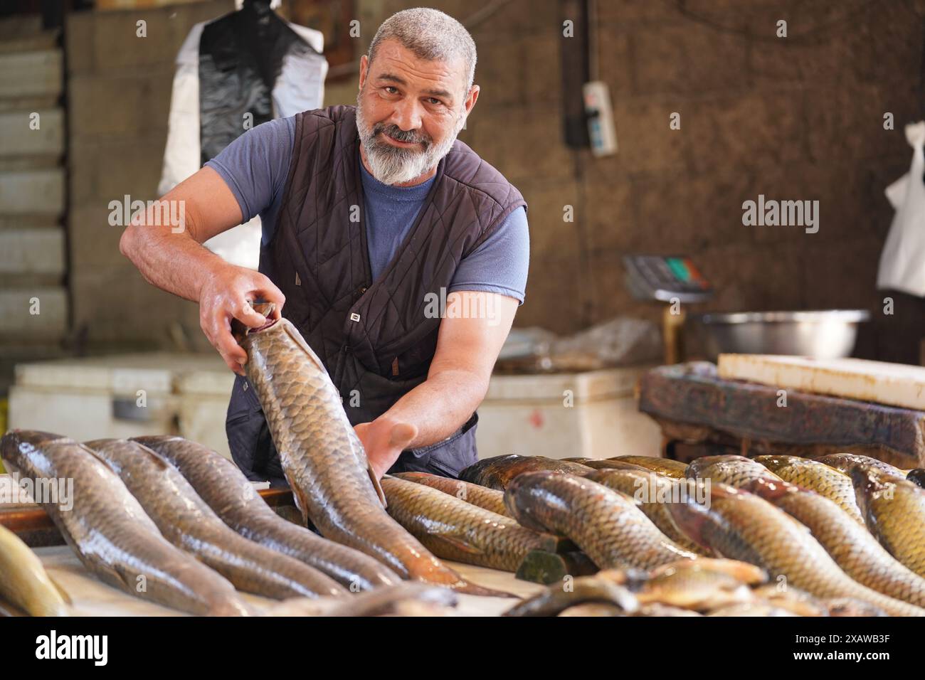 Mosul, Iraq. 08th June, 2024. A man displays fish from his fish stand ...