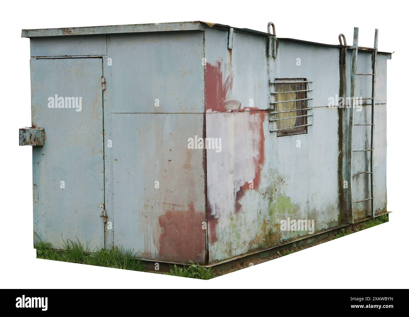 Homemade rural barn welded from curved steel sheets. Isolated on white ...