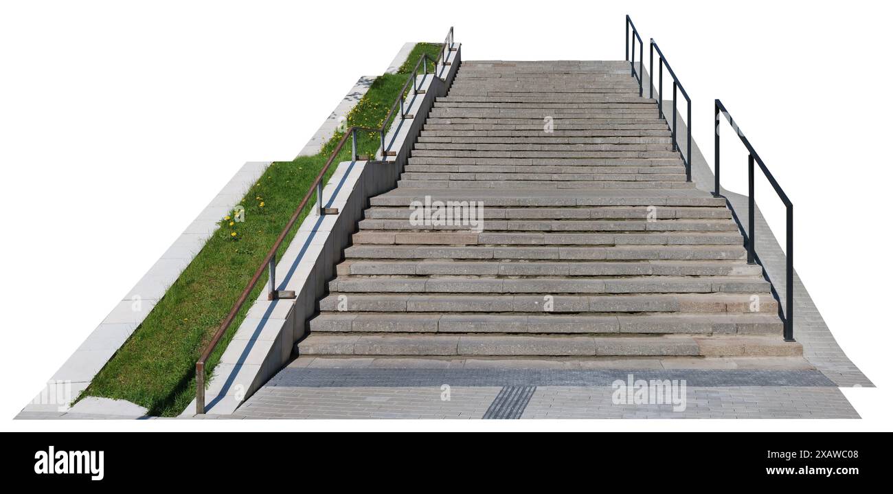 Concrete city staircase with iron railings. Isolated on white Stock ...