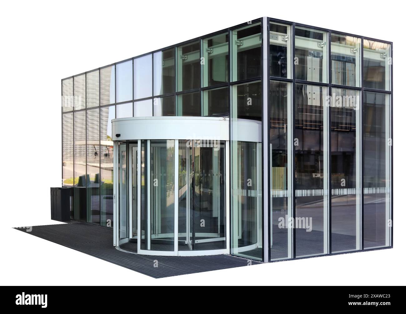 A round rotating turnstile is installed at the entrance to a glass ...