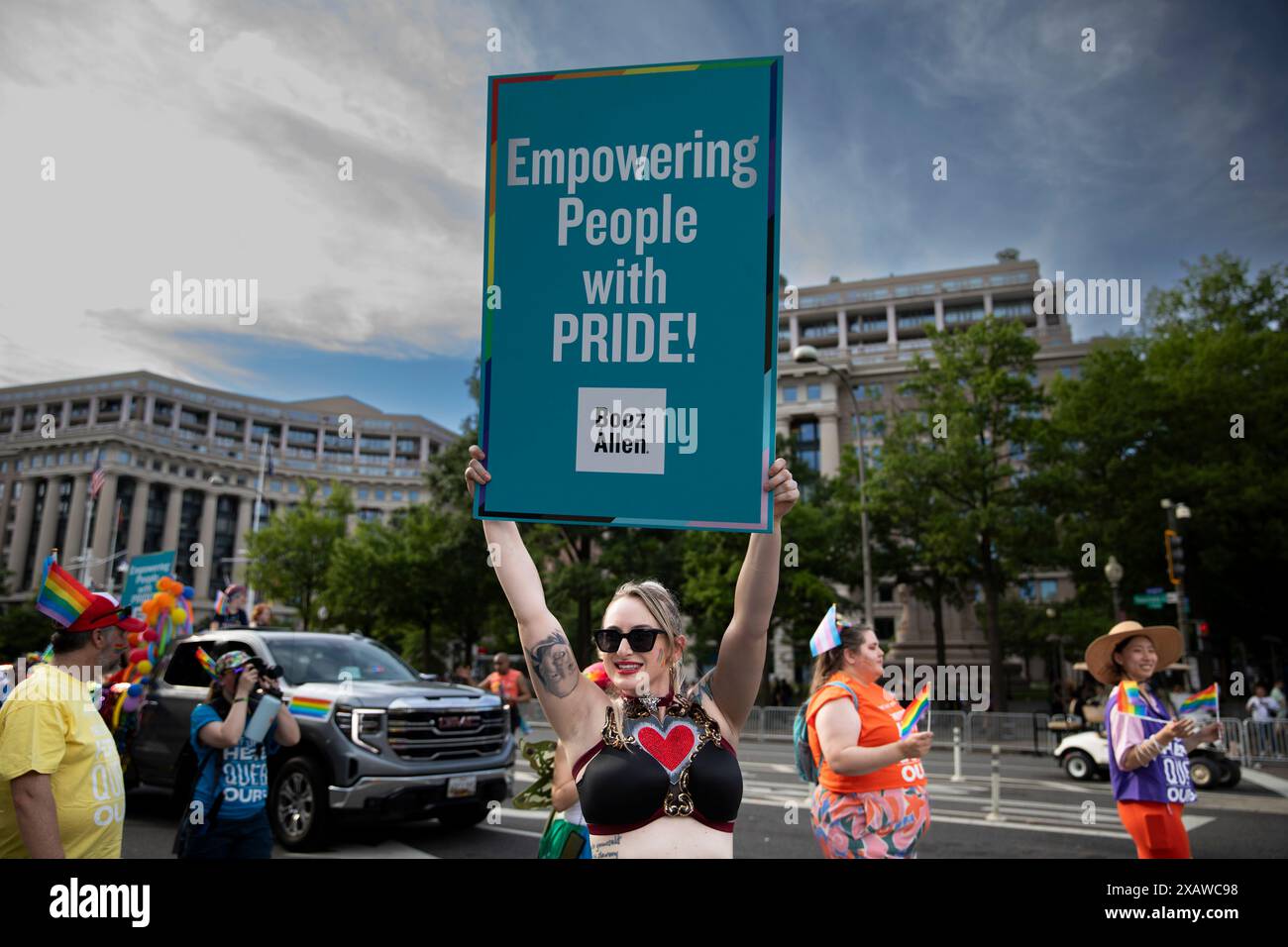 A person poses for a photograph during the annual Pride Parade ...