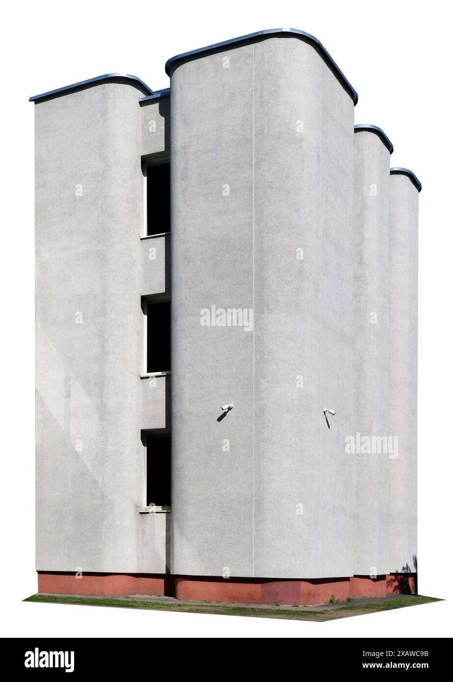 Three-story building in the form of a concrete tower. Isolated on white ...