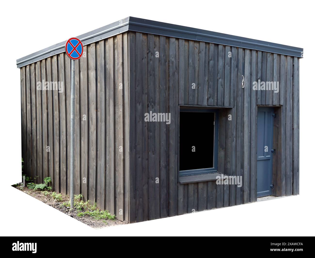 Dark wooden shed next to a sign - No stopping. Isolated on white Stock ...