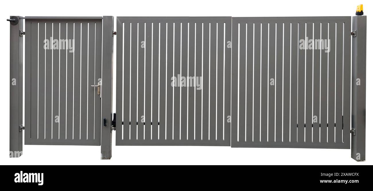 Sturdy steel gates and wicket painted with gray enamel. Isolated on ...