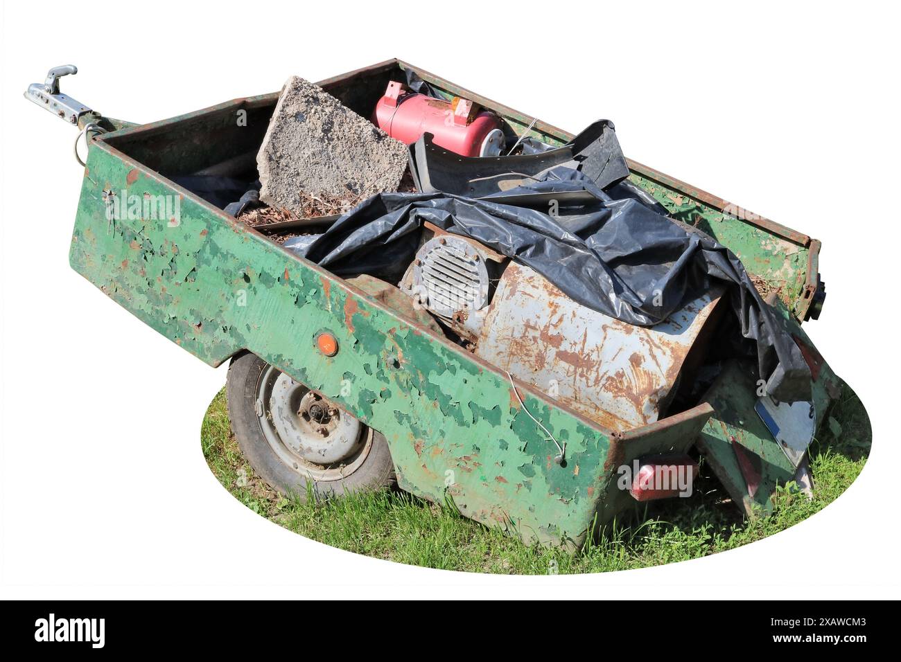 Broken trailer filled with construction and industrial debris. Isolated ...