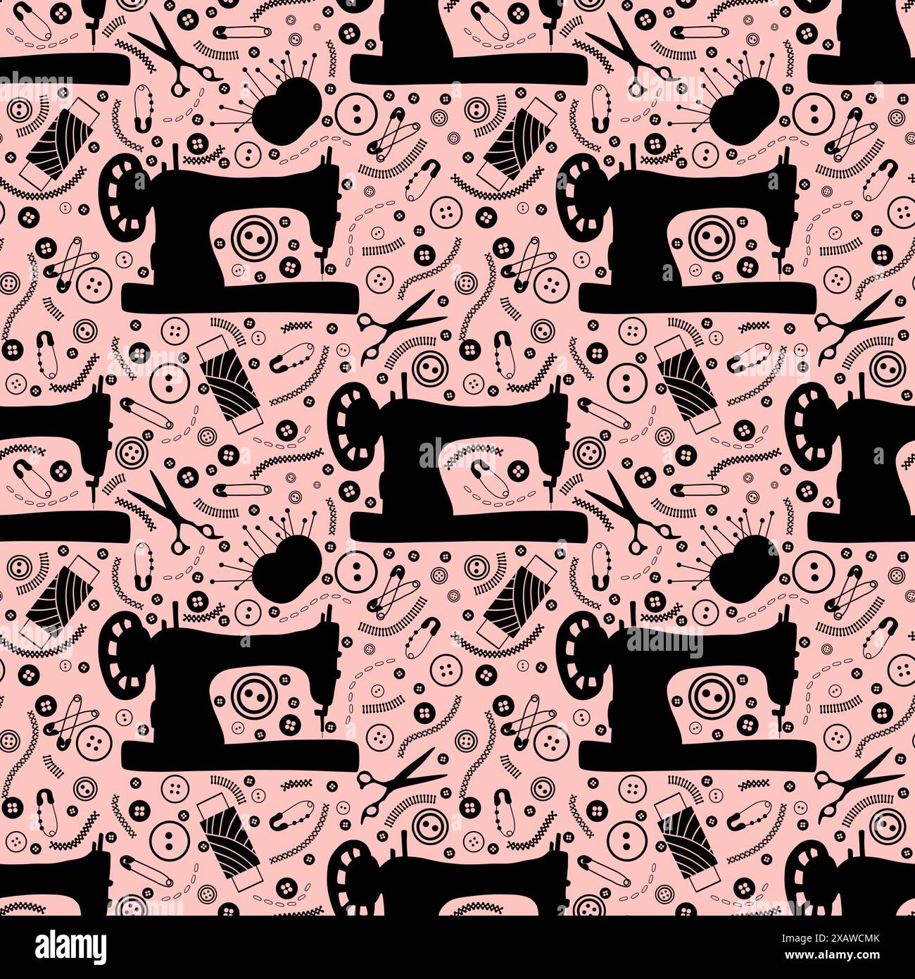Cartoon silhouette hobbies seamless sewing machine pattern for wrapping ...