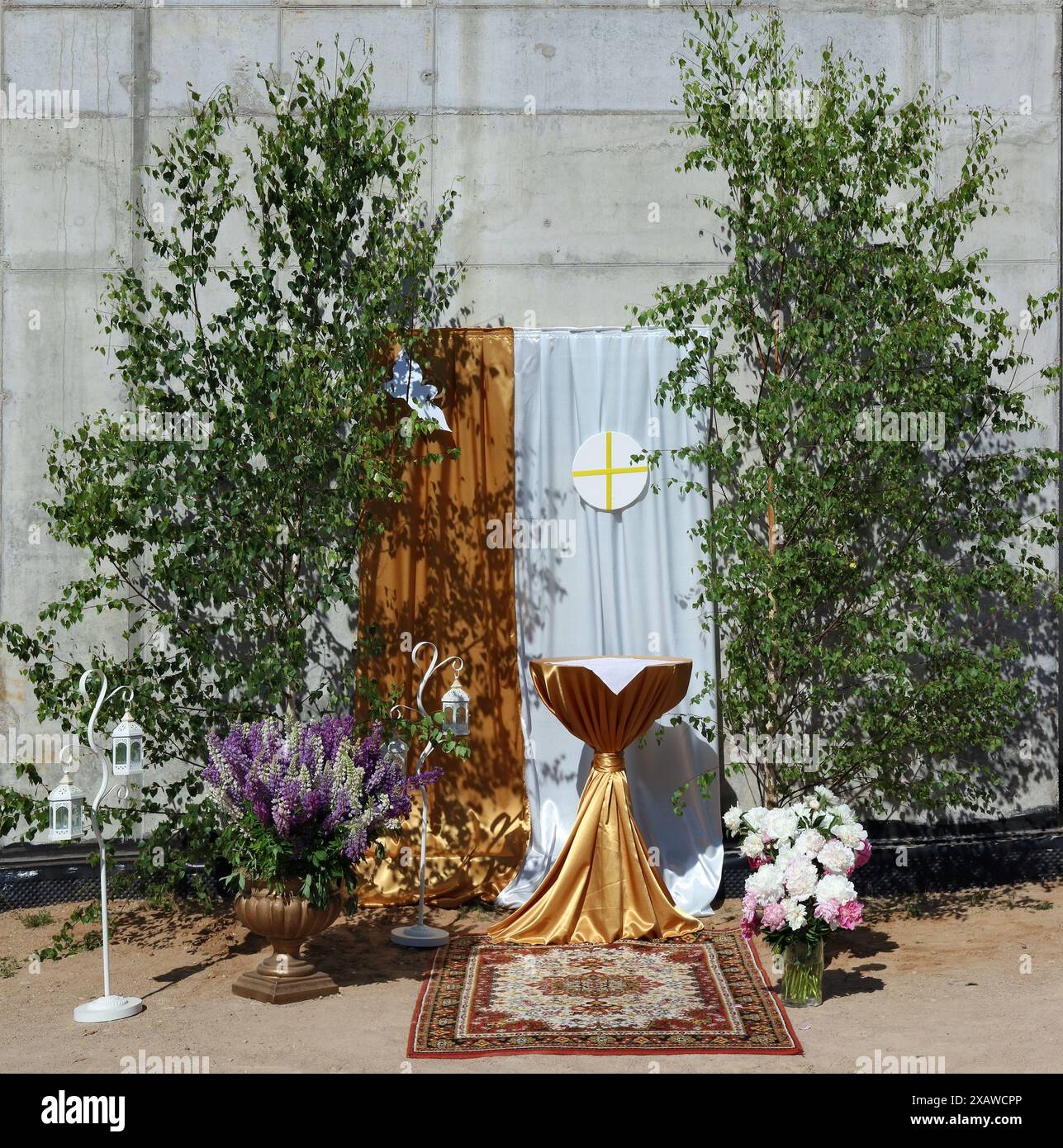Flowers, candles, table and birch trees for first communion Stock Photo ...